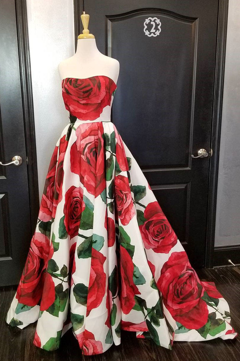 Chic Prom Dresses A Line Rose Floral Print Sweep Train Long Prom Dress ...