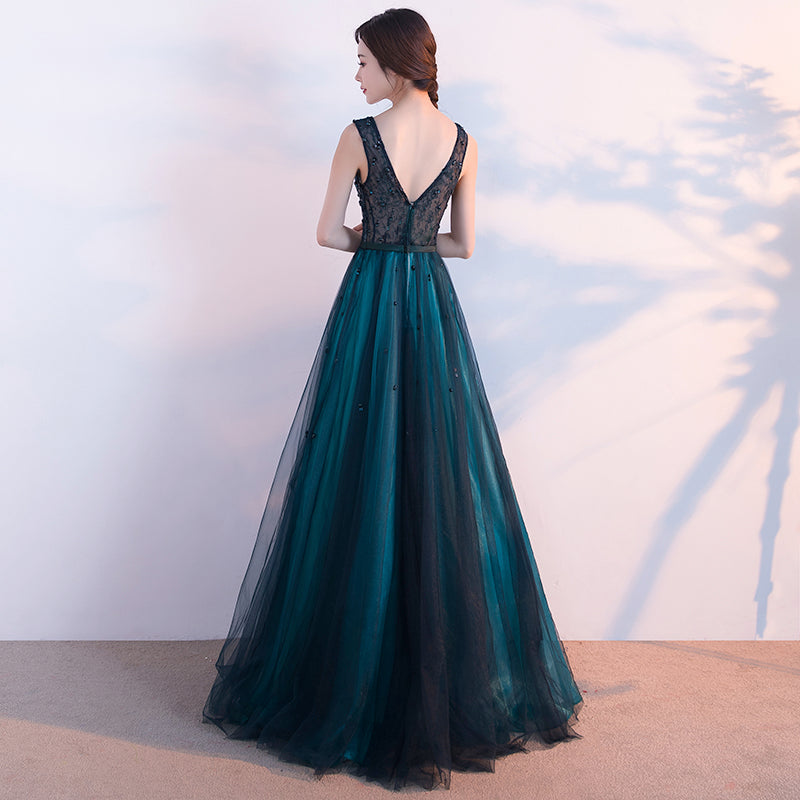 Chic Prom Dresses V-neck A-line Floor-length Lace Rhinestone Long Prom ...