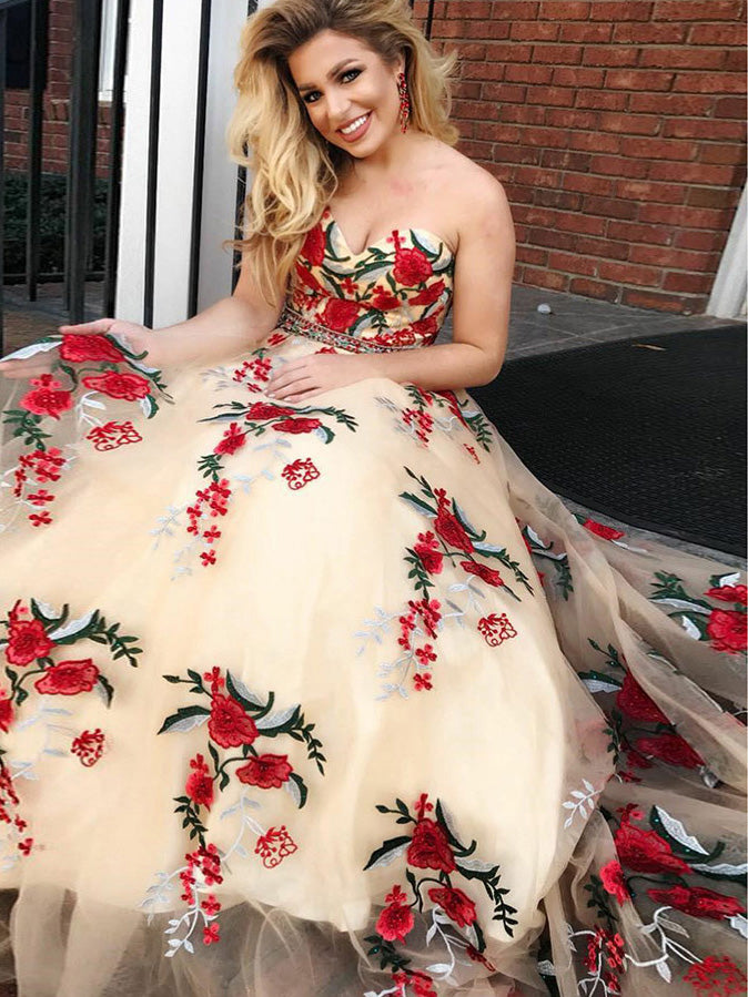Beautiful Prom Dresses Sweetheart A-line Embroidery Tulle Long Prom Dr ...