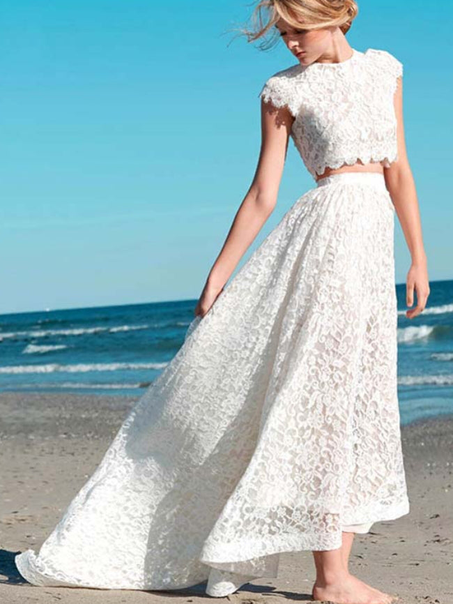 Two Piece Wedding Dresses Aline Cap Sleeves Lace High Low Beach Bridal ...