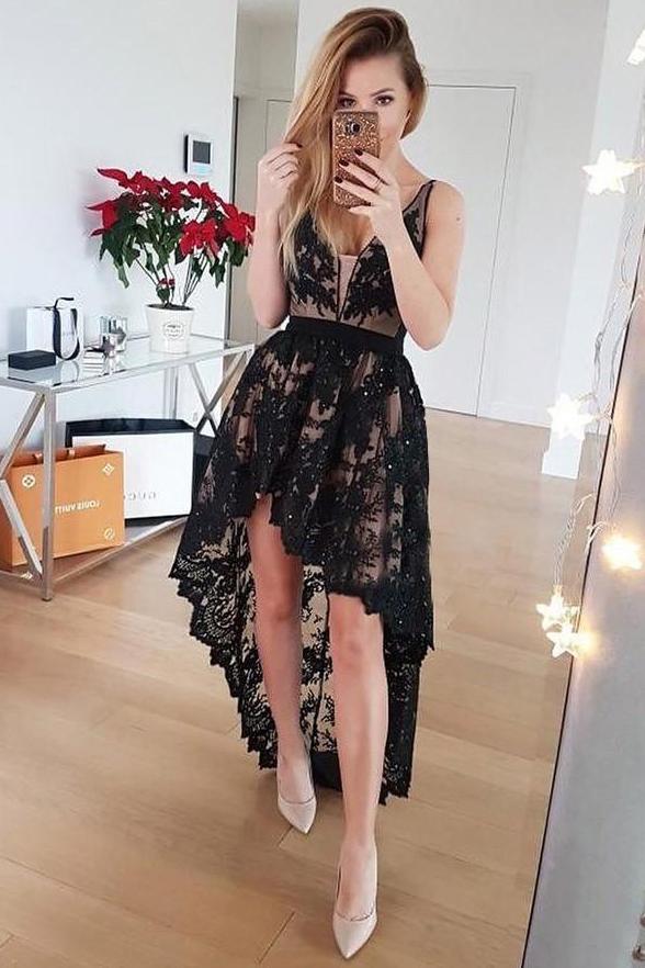 Front Short Long Back Black Lace V Neck Homecoming Dresses Prom Gradua ...