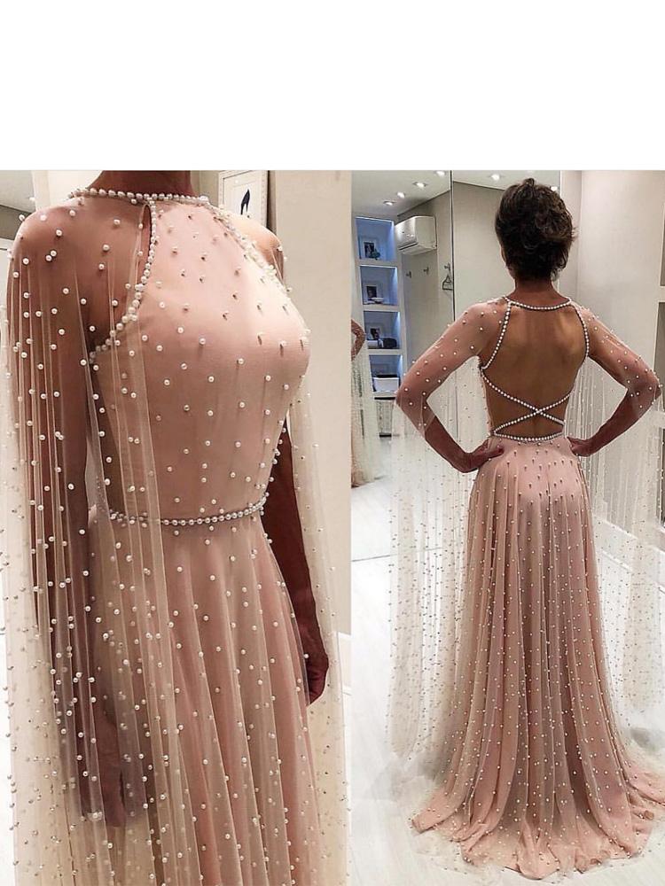 Sparkly Jewel Tulle A-line Prom Dresses Backless Gowns With Pearls JKU ...