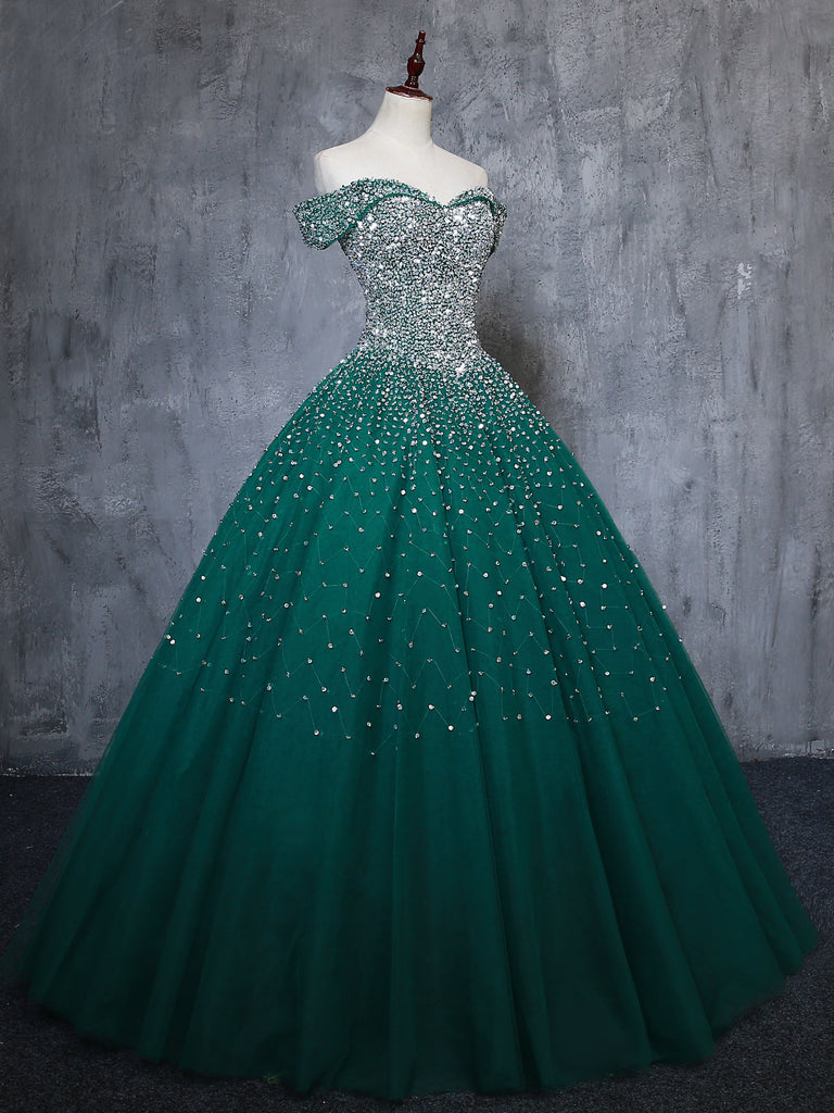 Off-the-shoulder Ball Gown Prom Dresses Beaded Long Prom Dress Evening ...