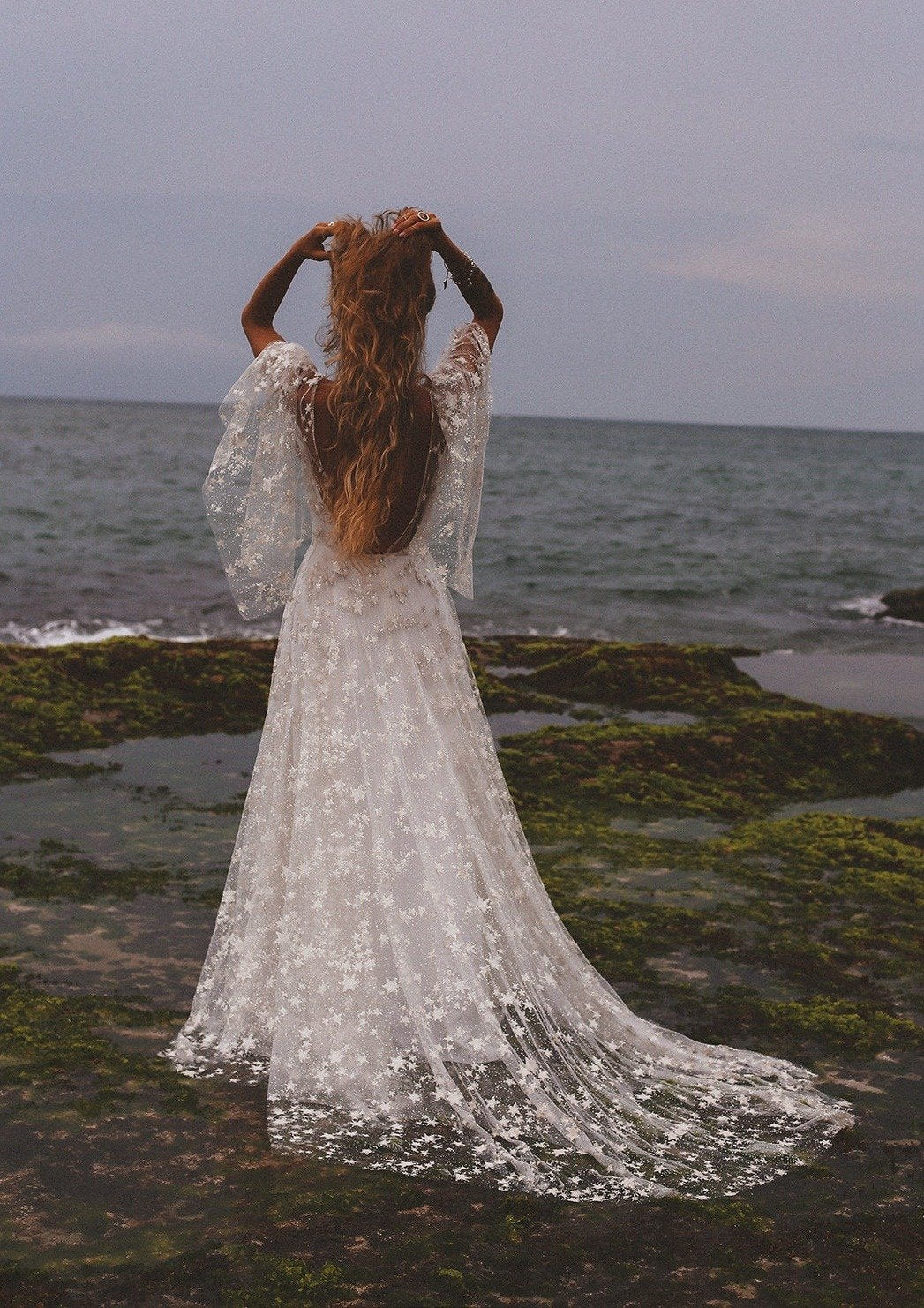 A-Line Deep V-Neck Sweep Train White Lace Prom Dress Illusion Evening ...